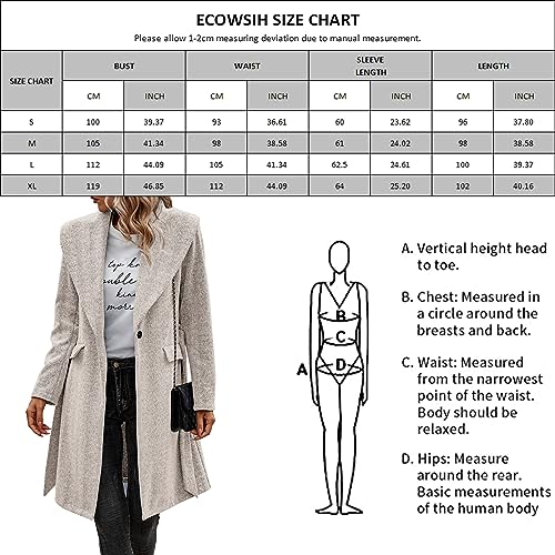 ECOWISH Women Coat Long Jacket: Winter Fashion Long Sleeve Lapel Casual Overcoat With Belt Beige Large