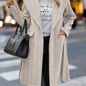 ECOWISH Women Coat Long Jacket: Winter Fashion Long Sleeve Lapel Casual Overcoat With Belt Beige Large