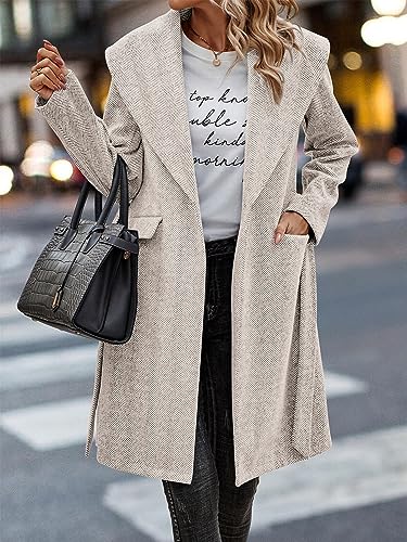 ECOWISH Women Coat Long Jacket: Winter Fashion Long Sleeve Lapel Casual Overcoat With Belt Beige Large