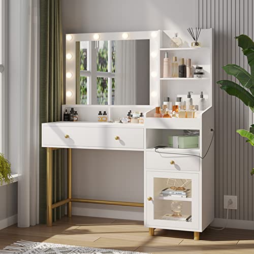 AOGLLATI Vanity Desk with Mirror and Lights in 3 Colors, Makeup Vanity with Lights and Drawers,White Vanity Table with Charging Station, Makeup Desk with Unique Separation Design