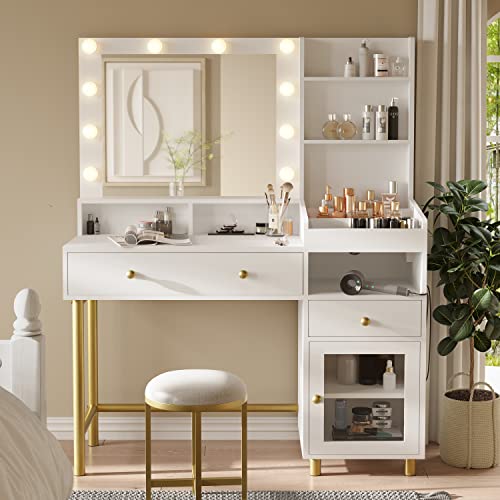 AOGLLATI Vanity Desk with Mirror and Lights in 3 Colors, Makeup Vanity with Lights and Drawers,White Vanity Table with Charging Station, Makeup Desk with Unique Separation Design