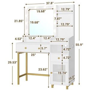 AOGLLATI Vanity Desk with Mirror and Lights in 3 Colors, Makeup Vanity with Lights and Drawers,White Vanity Table with Charging Station, Makeup Desk with Unique Separation Design