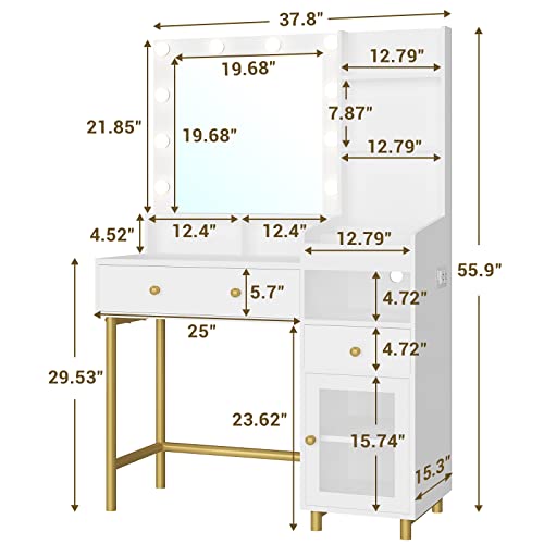 AOGLLATI Vanity Desk with Mirror and Lights in 3 Colors, Makeup Vanity with Lights and Drawers,White Vanity Table with Charging Station, Makeup Desk with Unique Separation Design