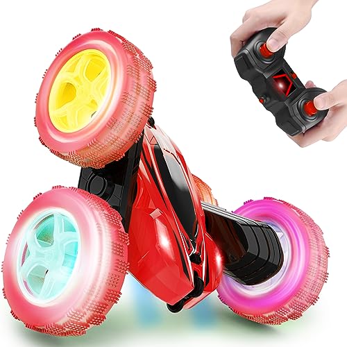 ORRENTE Remote Control Car, RC Cars with Headlights and Wheel Lights, 2.4GHz 4WD Monster Trucks for Boys Kids Toys for Girls, Stunt RC Car Christmas Birthday Gifts Toys for Boys 6 7 8-13 Year Old(Red)