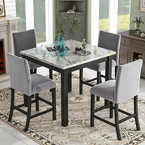 Lestar Bar Table Set for 5 pcs, Faux Marble Dining Table top with 4 Upholstered-Seat Wood Frame Bar Chairs (Table 40" x 40", 4 Grey Chairs)