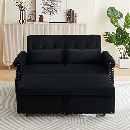 Goohome 55'' Velvet Pull Out Sleeper Sofa, Convertible Futon Couch Bed W/Adjustable Backrests, 3 in 1 Tufted Loveseat with Retro Rivet and 2 Lumbar Pillows, Small Love Seat for Living Room, Black