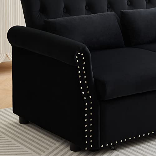 Goohome 55'' Velvet Pull Out Sleeper Sofa, Convertible Futon Couch Bed W/Adjustable Backrests, 3 in 1 Tufted Loveseat with Retro Rivet and 2 Lumbar Pillows, Small Love Seat for Living Room, Black