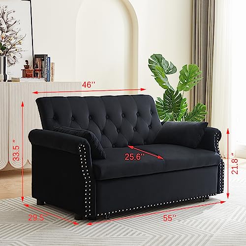 Goohome 55'' Velvet Pull Out Sleeper Sofa, Convertible Futon Couch Bed W/Adjustable Backrests, 3 in 1 Tufted Loveseat with Retro Rivet and 2 Lumbar Pillows, Small Love Seat for Living Room, Black