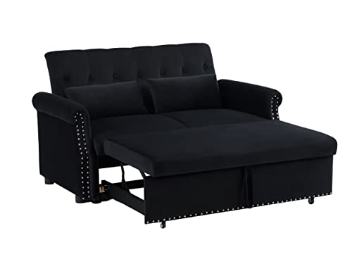 Goohome 55'' Velvet Pull Out Sleeper Sofa, Convertible Futon Couch Bed W/Adjustable Backrests, 3 in 1 Tufted Loveseat with Retro Rivet and 2 Lumbar Pillows, Small Love Seat for Living Room, Black