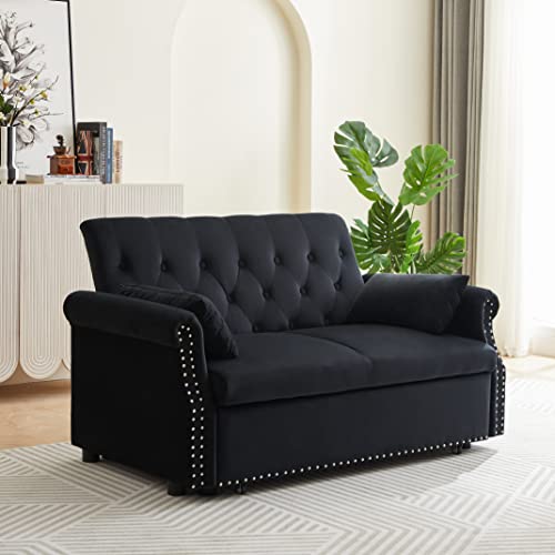 Goohome 55'' Velvet Pull Out Sleeper Sofa, Convertible Futon Couch Bed W/Adjustable Backrests, 3 in 1 Tufted Loveseat with Retro Rivet and 2 Lumbar Pillows, Small Love Seat for Living Room, Black