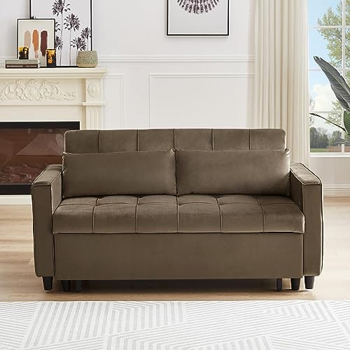 Convertible Sofa Bed Pull Out Couch Sleeper Modern Velvet Loveseat Couch Futon Sofá Bed w/Reclining Backrest,Side Coffee Table,2 Pillows,Lounge Sofa for Living Room Apartment Home Office,Light Brown