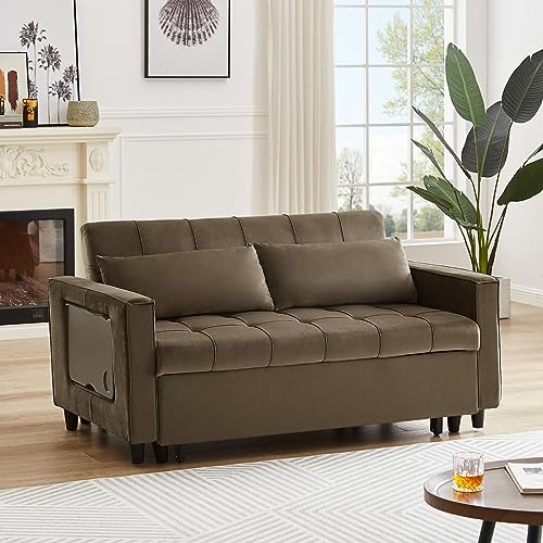 Convertible Sofa Bed Pull Out Couch Sleeper Modern Velvet Loveseat Couch Futon Sofá Bed w/Reclining Backrest,Side Coffee Table,2 Pillows,Lounge Sofa for Living Room Apartment Home Office,Light Brown