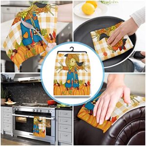 Kitchen Towels Reversible for Drying Dishes, Thanksgiving Scarecrow Maple Leaf Fall Pumpkin Set of 2 Dishcloths Cotton Hand Towels, Absorbent Dish Towels for Kitchen Counter Tea Towels 18"x 28"