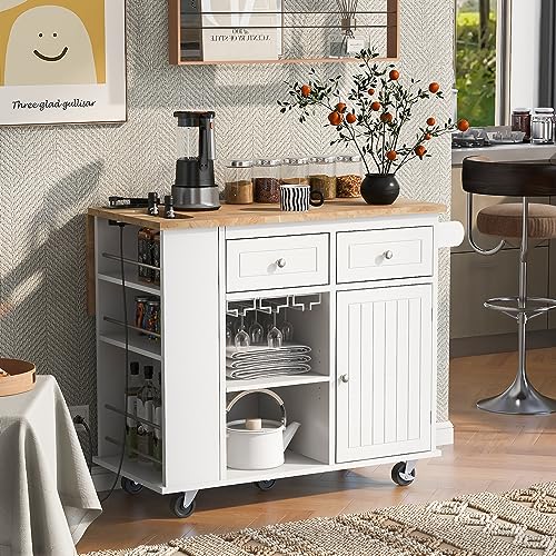 Lunanniu Rolling Kitchen Island with Power Outlet Drop Leaf Wine Glass Holder- 5 Wheels Side Storage Cabinet & Drawers for Home Kitchen Room Rubber Wood Top Moveable Portable Kitchen Cart White