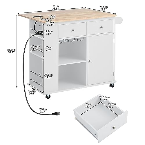 Lunanniu Rolling Kitchen Island with Power Outlet Drop Leaf Wine Glass Holder- 5 Wheels Side Storage Cabinet & Drawers for Home Kitchen Room Rubber Wood Top Moveable Portable Kitchen Cart White