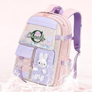 Wellhoope Kawaii Big Capacity Backpack Personalized Name Cute Aesthetic Backpack Bunny Outdoor Daypack Casual Travel Bag Laptop Backpack Pink Blue Black Purple Green