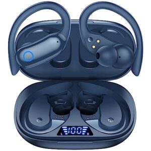 gnmn bluetooth headphones wireless earbuds 48hrs playback ipx7 waterproof earphones over-ear stereo bass headset with earhooks microphone led battery display for sports/workout/gym blue