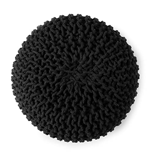 REDEARTH Round Pouf Foot Stool Ottoman - Hand Knitted Bean Bag - Cord Boho Pouffe - Cable Poof Footrest for Living Room - Nursery - Bedroom - Patio - 100% Cotton - Home Decor (19" x 19" x 14") - Black