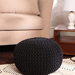 REDEARTH Round Pouf Foot Stool Ottoman - Hand Knitted Bean Bag - Cord Boho Pouffe - Cable Poof Footrest for Living Room - Nursery - Bedroom - Patio - 100% Cotton - Home Decor (19" x 19" x 14") - Black