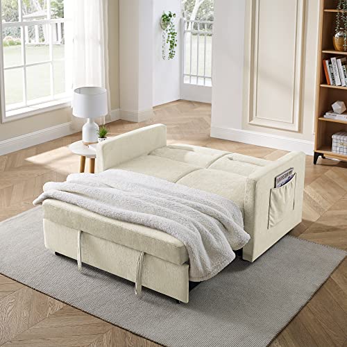 FULife Sleeper Sofa, Convertible Futon Loveseat Sofá Chair 3-in-1, Pullout Chaise Lounge Couch Bed 2-Seat with Adjustable Back for Living Room Apartment Small Space, Beige 47.75" w