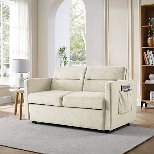 FULife Sleeper Sofa, Convertible Futon Loveseat Sofá Chair 3-in-1, Pullout Chaise Lounge Couch Bed 2-Seat with Adjustable Back for Living Room Apartment Small Space, Beige 47.75" w