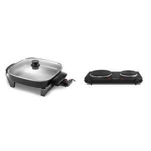 elite gourmet eg2212 12"x12"x2.15” healthy ceramic coated electric skillet, dishwasher safe, rapid heat up, 1200w & edb-302bf# countertop double cast iron burner, 1500 watts