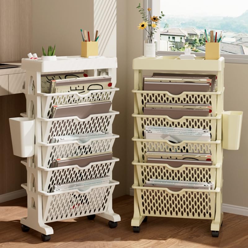 6 Tier Mobile Bookshelf, Rolling Utility Cart, Rolling Utility Cart, Bookshelf Organizer with 360° Universal Wheel, 6 Tier Floor Standing Bookcase Storage Organizer Rack (Beige)