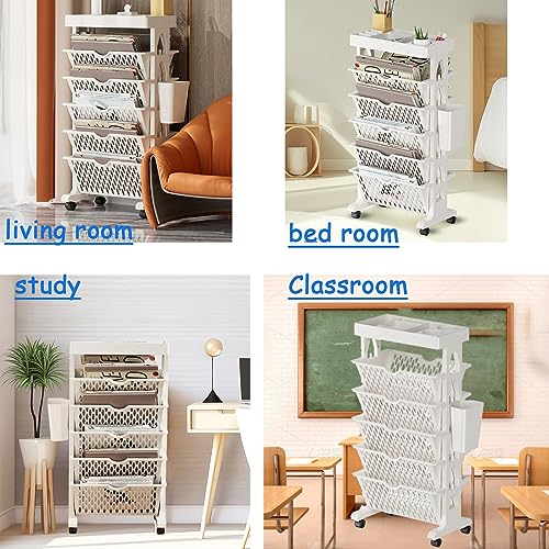 6 Tier Mobile Bookshelf, Rolling Utility Cart, Rolling Utility Cart, Bookshelf Organizer with 360° Universal Wheel, 6 Tier Floor Standing Bookcase Storage Organizer Rack (Beige)