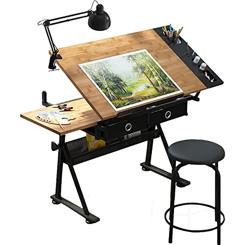 Drafting Desk, Drafting Table, 0-80°Angle Adjustable Drawing Table with 2 Drawers, Art Desk Height Adjustable, Wood Student Study Desk for Painting, Writing, Pen Holder and Art Craft Supplies