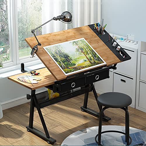 Drafting Desk, Drafting Table, 0-80°Angle Adjustable Drawing Table with 2 Drawers, Art Desk Height Adjustable, Wood Student Study Desk for Painting, Writing, Pen Holder and Art Craft Supplies