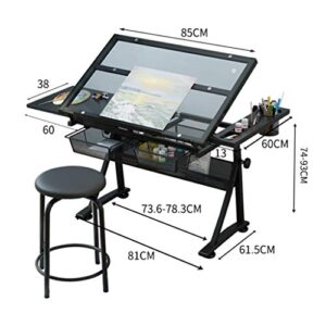 Drafting Desk, Drafting Table with Storage, Height Adjustable Tiltable Art Desk, Glass Panel Drawing Desk, for Work Study Painting Craft Table