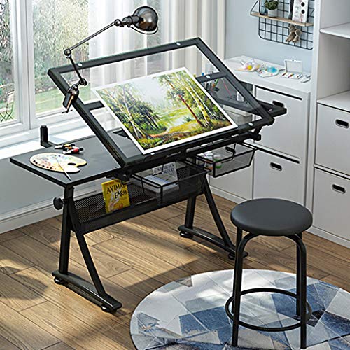 Drafting Desk, Drafting Table with Storage, Height Adjustable Tiltable Art Desk, Glass Panel Drawing Desk, for Work Study Painting Craft Table