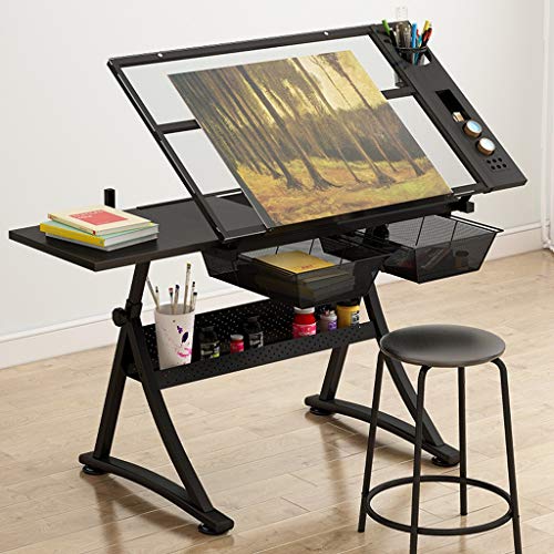 Drafting Desk, Drafting Table with Storage, Height Adjustable Tiltable Art Desk, Glass Panel Drawing Desk, for Work Study Painting Craft Table