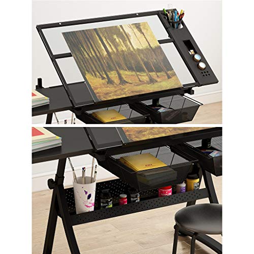 Drafting Desk, Drafting Table with Storage, Height Adjustable Tiltable Art Desk, Glass Panel Drawing Desk, for Work Study Painting Craft Table