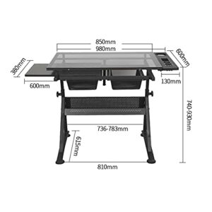 Drafting Desk, Adjustable Glass Drafting Table,Versatile Art Study Table,with Storage Drawers,Art Studio Design Sketching Painting Work Station