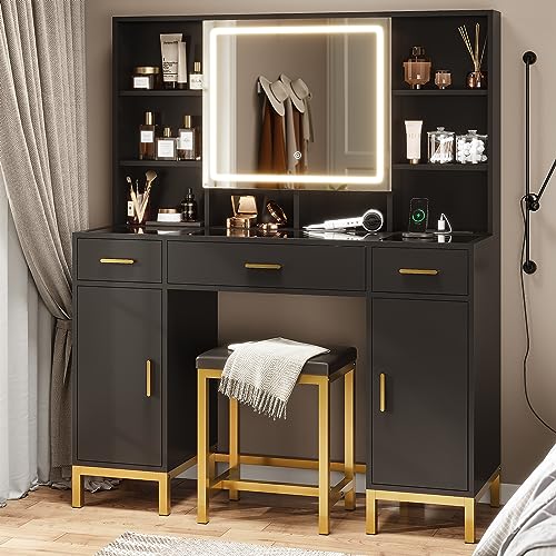 AOGLLATI Makeup Vanity Set with Lights in 3 Colors,Vanity Desk with Mirror and Lights & Charging Station, Black Vanity with Big Glass Desktop,Compartment Storage,Hidden and Open Storage Shelves(Black)