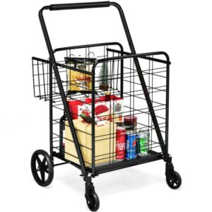 safeplus folding shopping cart, heavy duty utility cart with rolling swivel wheels&double basket, grocery cart for grocery, laundry,book,luggage, travel (heavy duty 25" x 25" x 40", black)