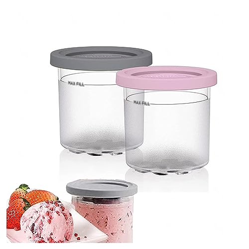 EVANEM 2/4/6PCS Creami Pints and Lids, for Ninja Creami Ice Cream Maker Pints,16 OZ Ice Cream Containers Pint Reusable,Leaf-Proof Compatible NC301 NC300 NC299AMZ Series Ice Cream Maker,Pink+Gray-2PCS