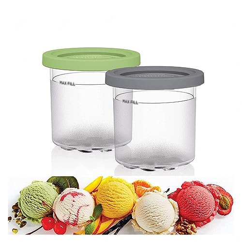 EVANEM 2/4/6PCS Creami Pints and Lids, for Ninja Creami Deluxe Pints,16 OZ Ice Cream Pints with Lids Reusable,Leaf-Proof Compatible NC301 NC300 NC299AMZ Series Ice Cream Maker,Gray+Green-4PCS