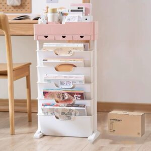 emenar mobile bookshelf, 6 tier moveable bookshelf organizer with 360° universal wheel, storage book shelves, 2023 new standing bookcase for office classroom bedroom (no wheel,pink)