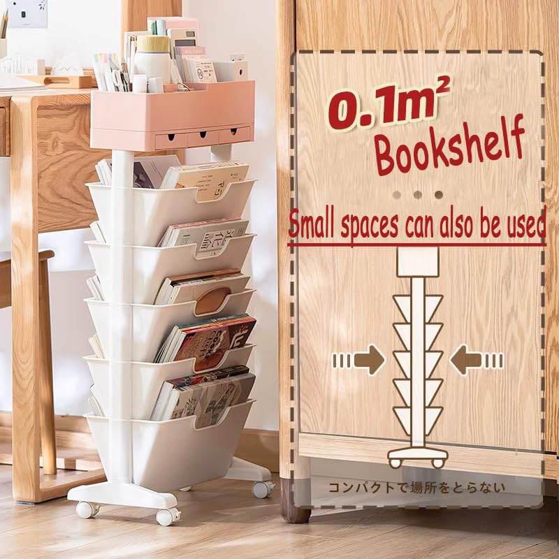 EMENAR Mobile Bookshelf, 6 Tier Moveable Bookshelf Organizer with 360° Universal Wheel, Storage Book Shelves, 2023 New Standing Bookcase for Office Classroom Bedroom (no Wheel,Pink)