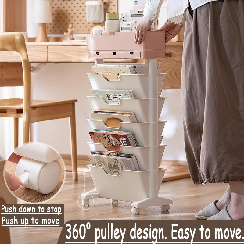 EMENAR Mobile Bookshelf, 6 Tier Moveable Bookshelf Organizer with 360° Universal Wheel, Storage Book Shelves, 2023 New Standing Bookcase for Office Classroom Bedroom (no Wheel,Pink)