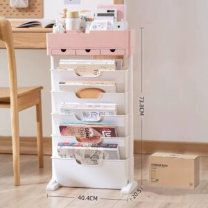 EMENAR Mobile Bookshelf, 6 Tier Moveable Bookshelf Organizer with 360° Universal Wheel, Storage Book Shelves, 2023 New Standing Bookcase for Office Classroom Bedroom (no Wheel,Pink)