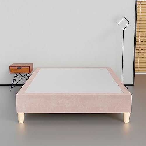 Greaton, 15-Inch Premium Velvet Material Wood Box Spring/Bed Frame, Durable, Stylish, Multi Colour Options and Comfortable Foundation with Wooden Legs, 75" x 44", Light Pink