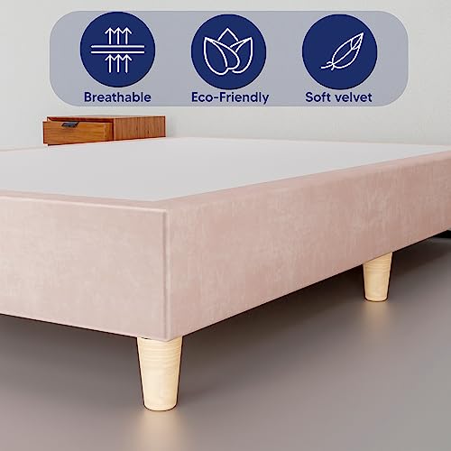 Greaton, 15-Inch Premium Velvet Material Wood Box Spring/Bed Frame, Durable, Stylish, Multi Colour Options and Comfortable Foundation with Wooden Legs, 75" x 44", Light Pink