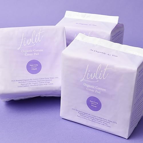 Livlit Super Long Overnight Pads Sanitary Pads, 100% Organic Cotton from Texas, Heavy Absorbency, Powerful Leak Protection, Unscented, Extra Long Length Pads for Women (10 Count)