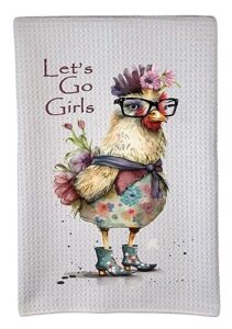 chicken let's go girls fancy chick flowers farm animal 16"x24" sublimation white waffle towel trifolded 100% polyester highly absorbent kitchen dish towel humorous sarcastic gift wwt-027