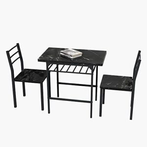 Voohek Modern 3-Piece Dining Room, 1 2, Lower Shelf & High Backrest, Printed Marble Finish, Black Table and Chair Set