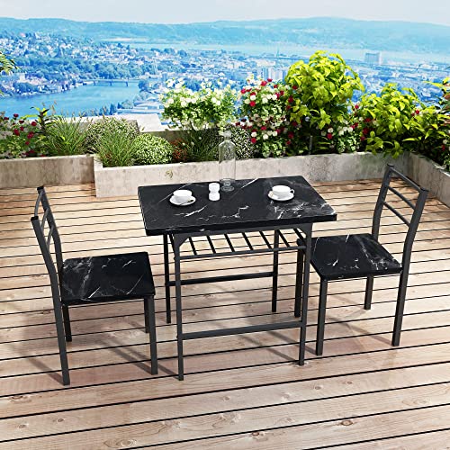 Voohek Modern 3-Piece Dining Room, 1 2, Lower Shelf & High Backrest, Printed Marble Finish, Black Table and Chair Set