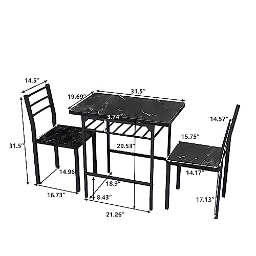 Voohek Modern 3-Piece Dining Room, 1 2, Lower Shelf & High Backrest, Printed Marble Finish, Black Table and Chair Set